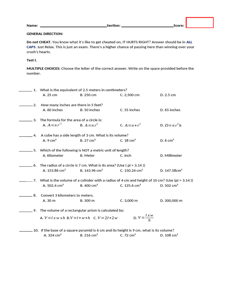 Practice Summative Test | PDF | Volume | Area