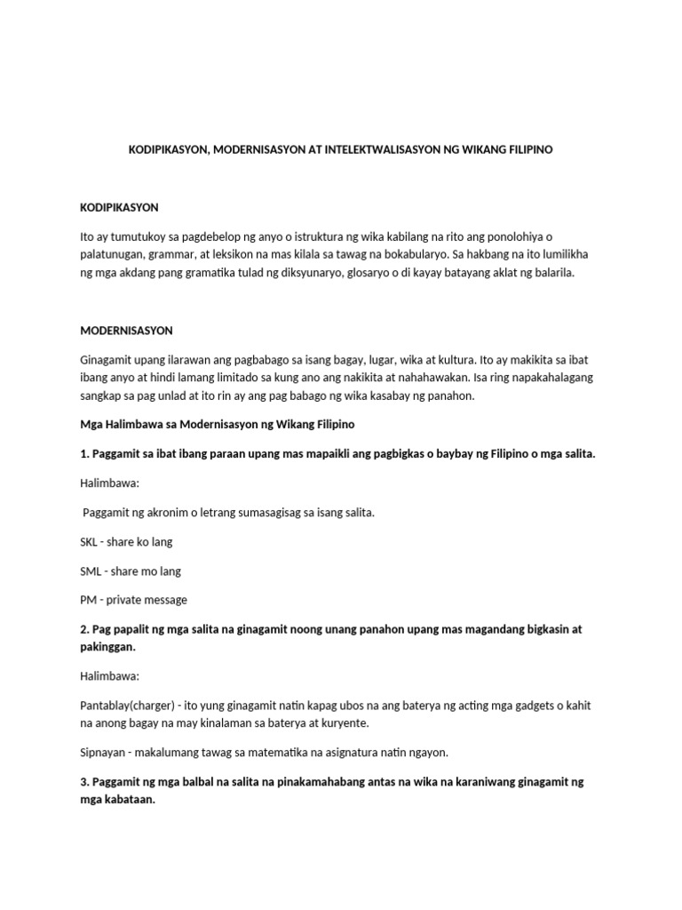 KODIPIKASYON MODERNISASYON AT INTELEKTWALISASYON NG WIKANG FILIPINO WPS ...