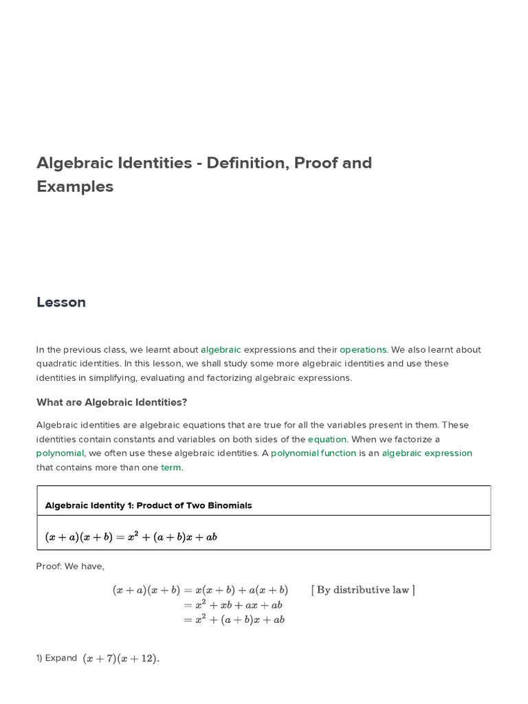 Algebraic Identities - Definition, Proof and Examples - CK-12 ...