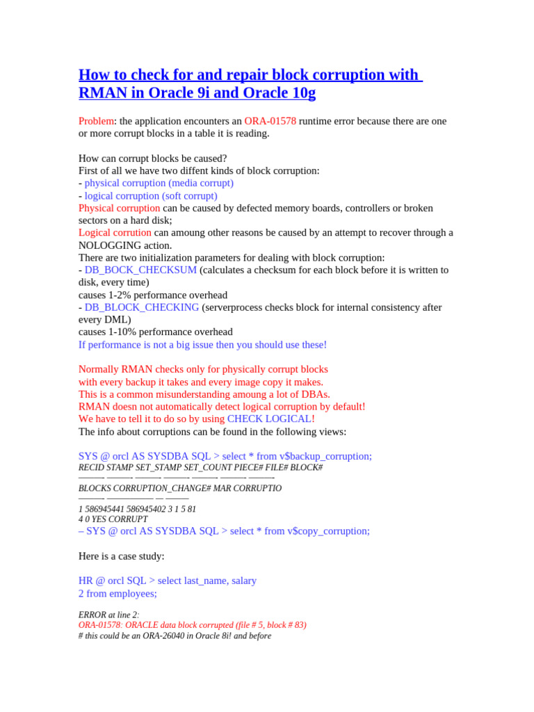 Repairing Oracle Block Corruption with RMAN | PDF | Databases | Computing
