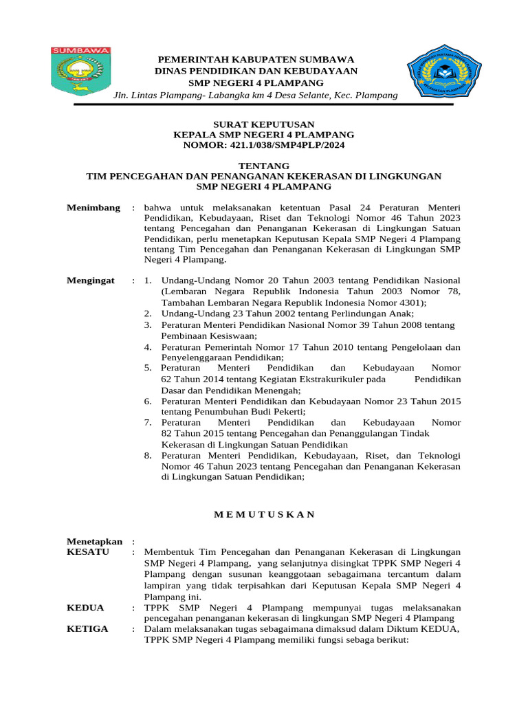 Tim Pencegahan Kekerasan SMP 4 Plampang | PDF