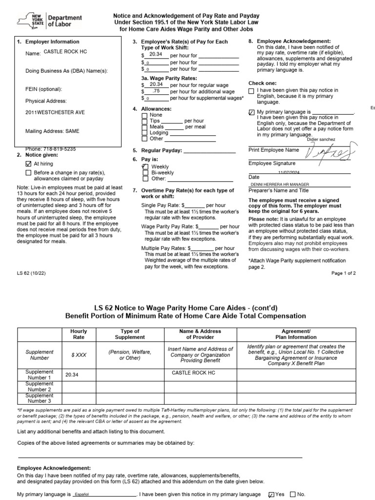 NY Home Care Aides Pay Notice | PDF | Employment | Overtime