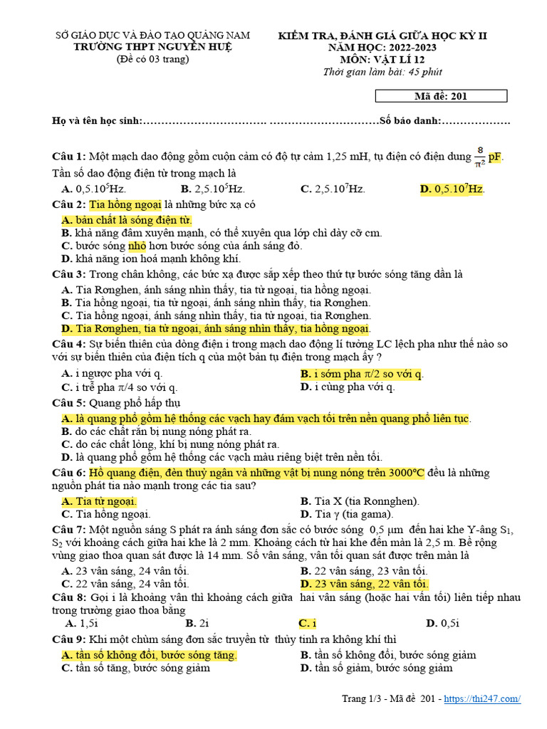 De Giua Hoc Ky 2 Vat Li 12 Nam 2022 2023 Truong THPT Nguyen Hue Quang Nam | PDF