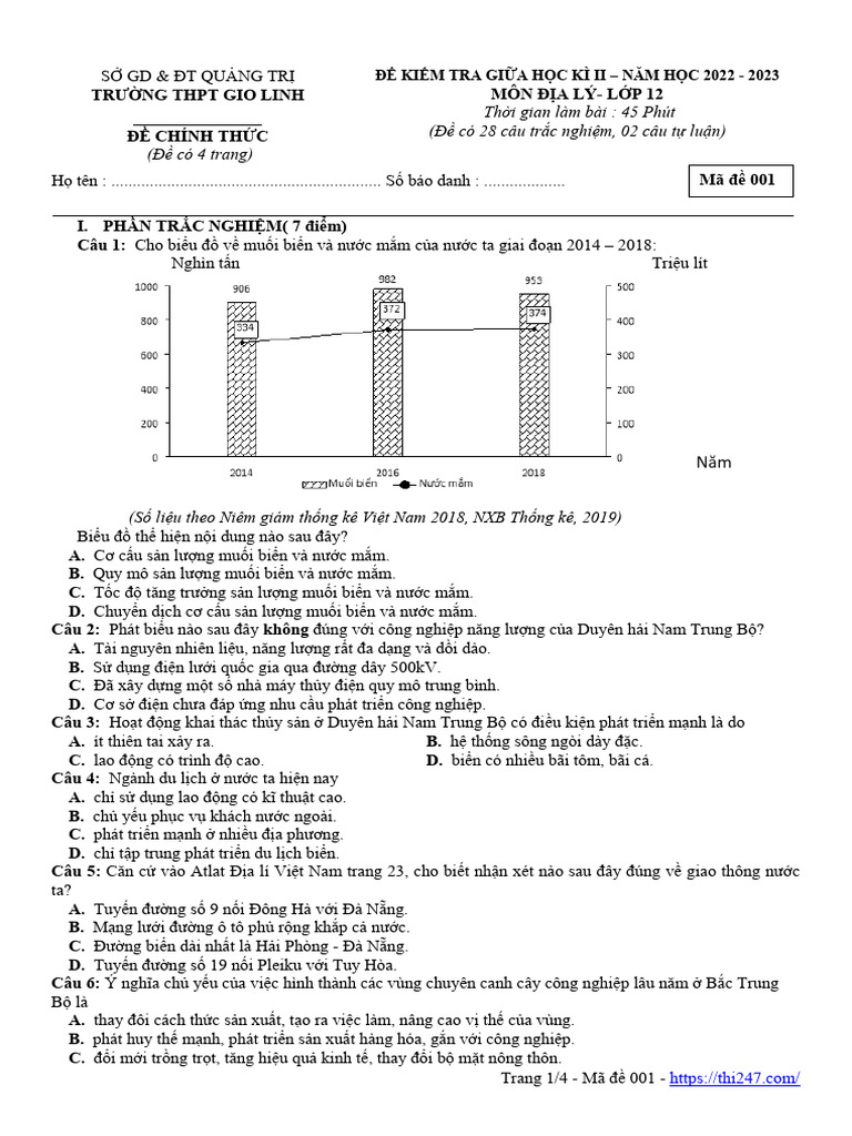 De Giua Ki 2 Dia Li 12 Nam 2022 2023 Truong THPT Gio Linh Quang Tri | PDF