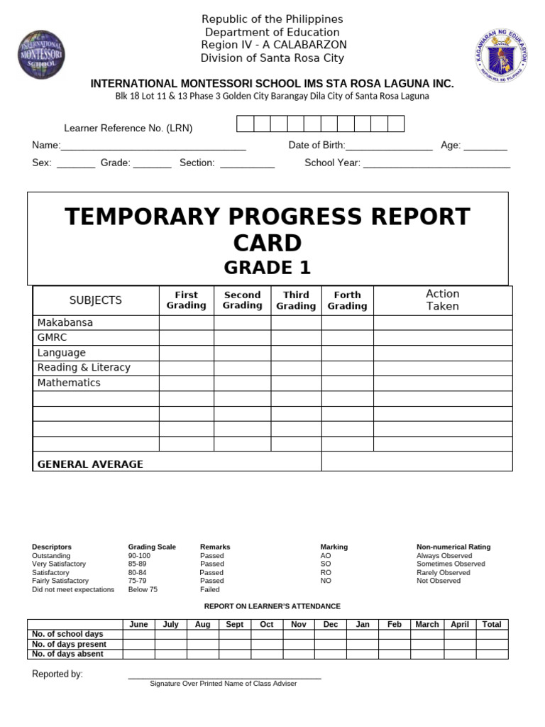 Grade 1 Temporary Progress Report | PDF | Writing
