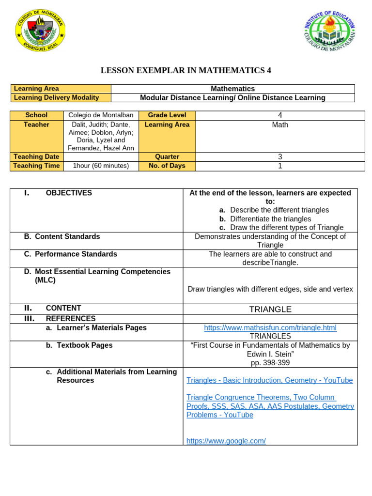 Triangles Lesson Exemplar | PDF | Triangle | Triangle Geometry