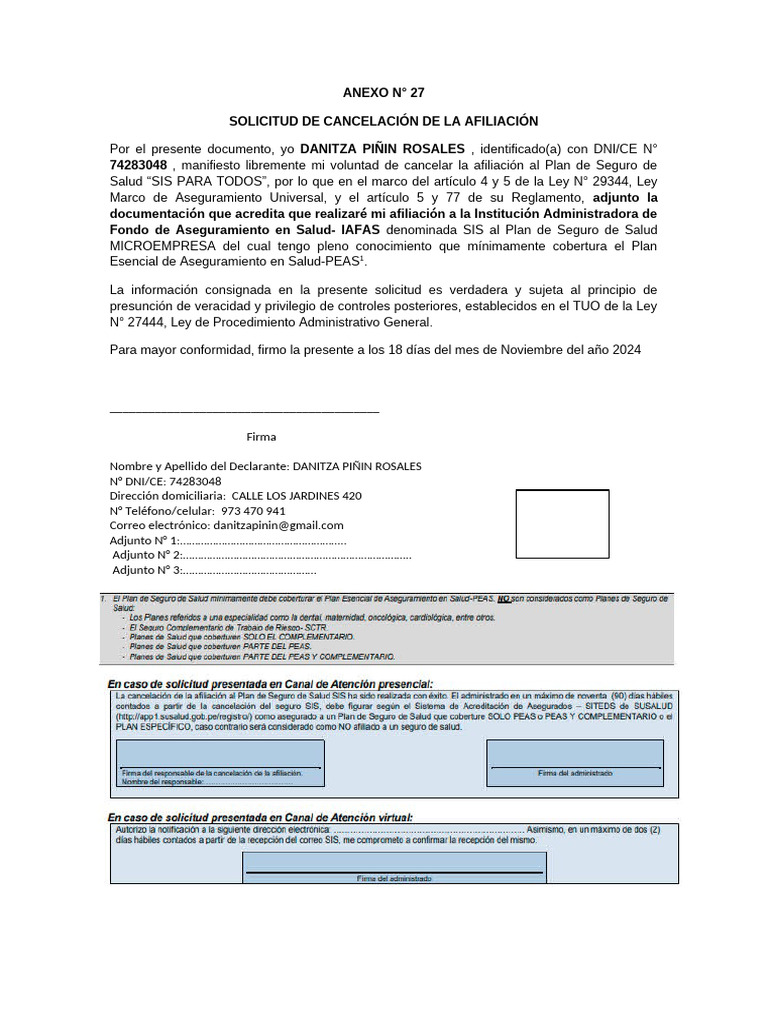 Anexo 27 - Afiliacion Al Sis Danitza Rosales Piñin | PDF
