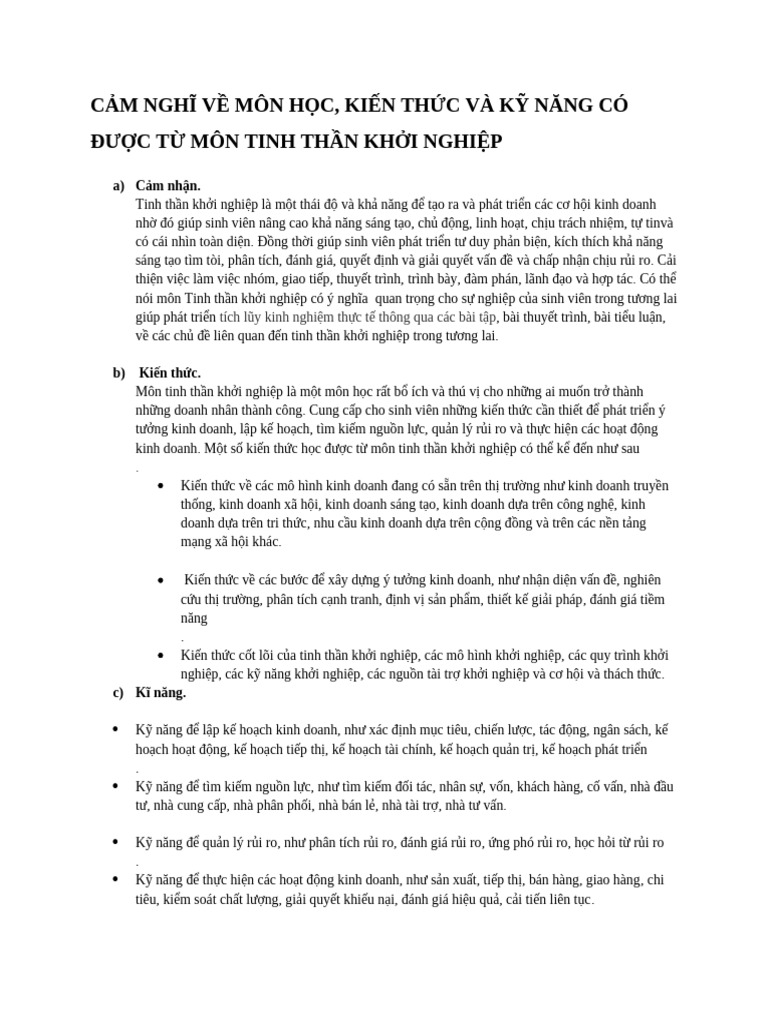 CẢM NGHĨ VỀ MÔN HỌC TTKN | PDF