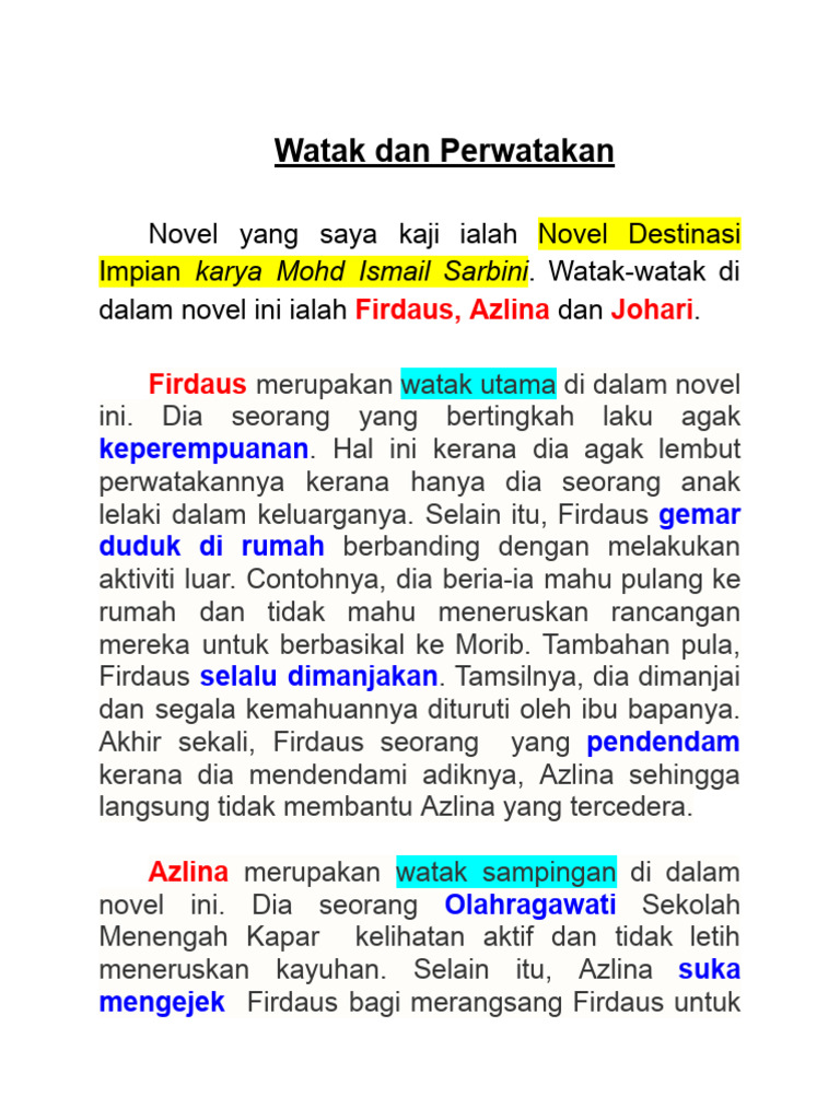 Watak Utama Novel Destinasi Impian | PDF