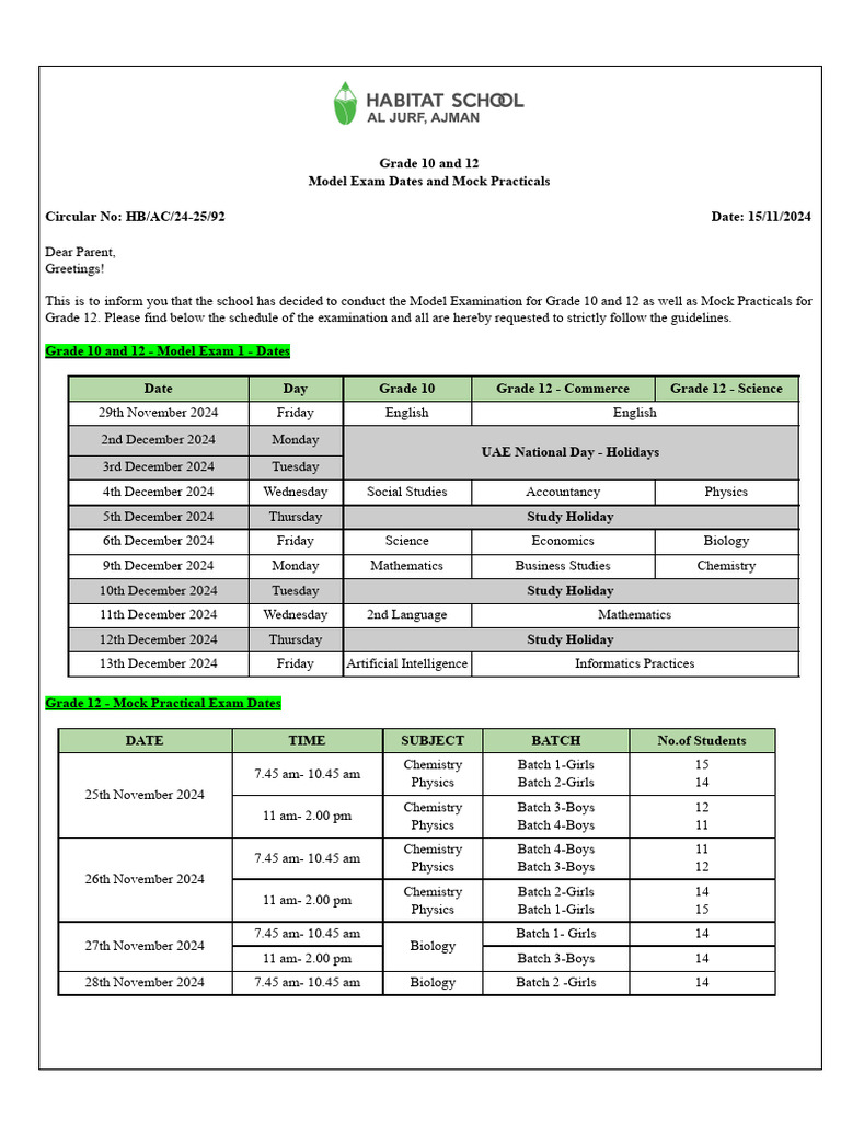 Circular 92 - Grade 10 and 12 - Model Exam Dates and Mock Practicals ...