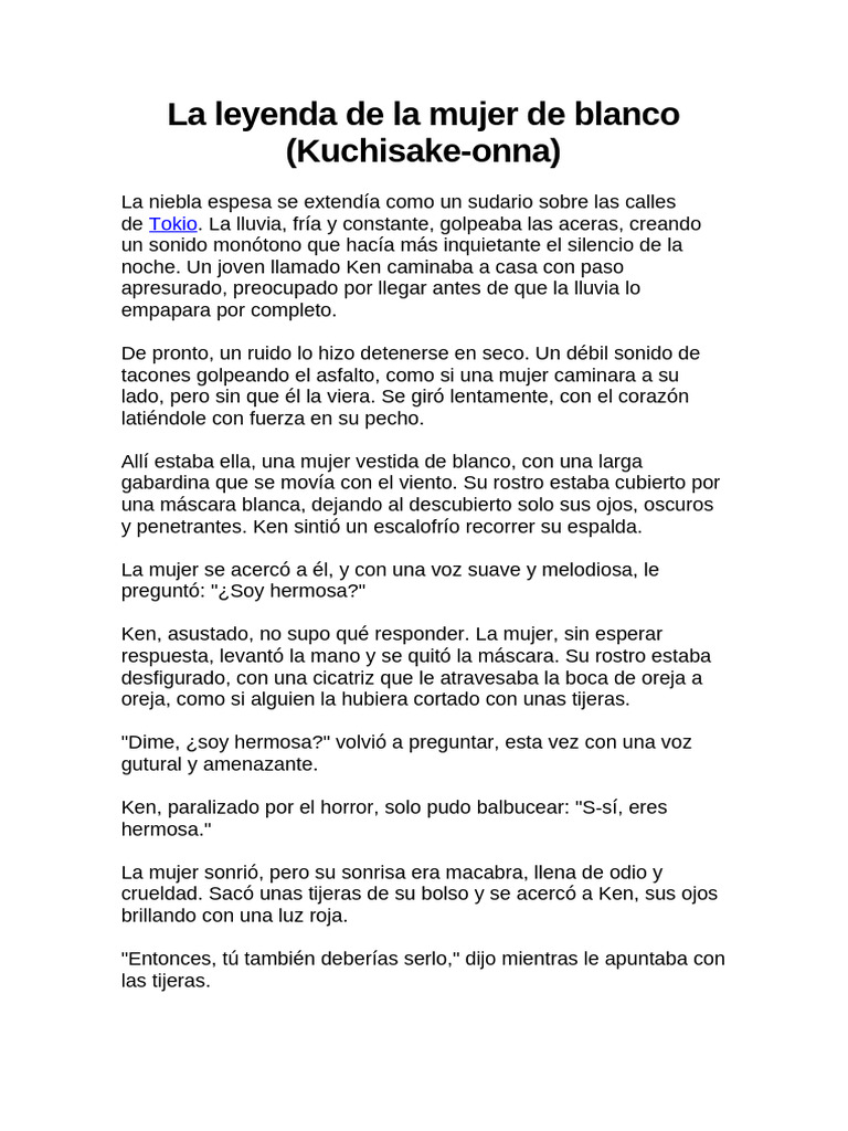 La Leyenda de La Mujer de Blanco (Kuchisake-Onna) | PDF