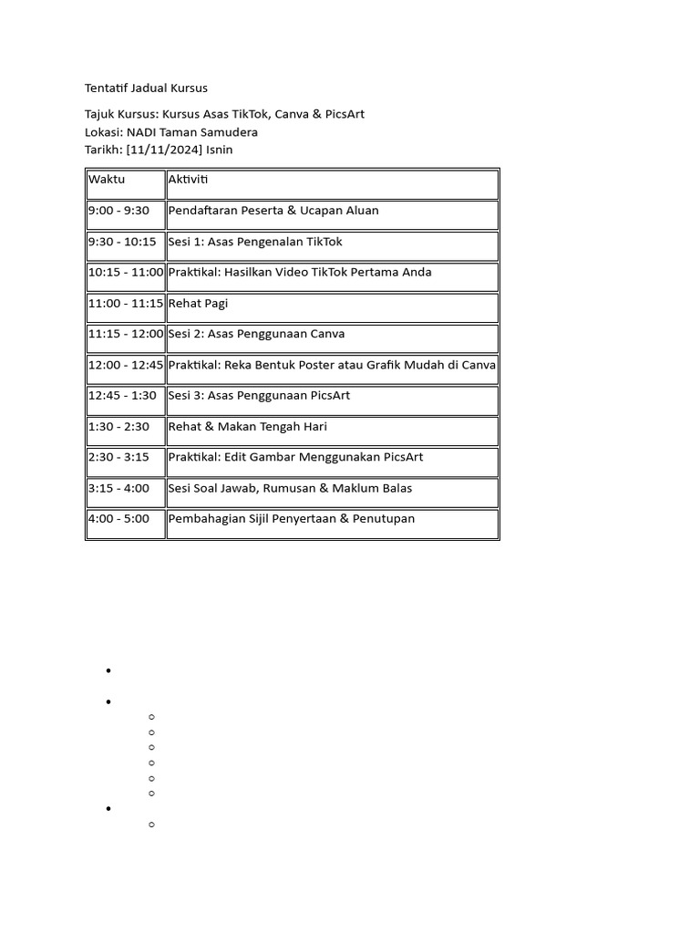 Tentatif Jadual Kursus NADI Taman Samudera | PDF