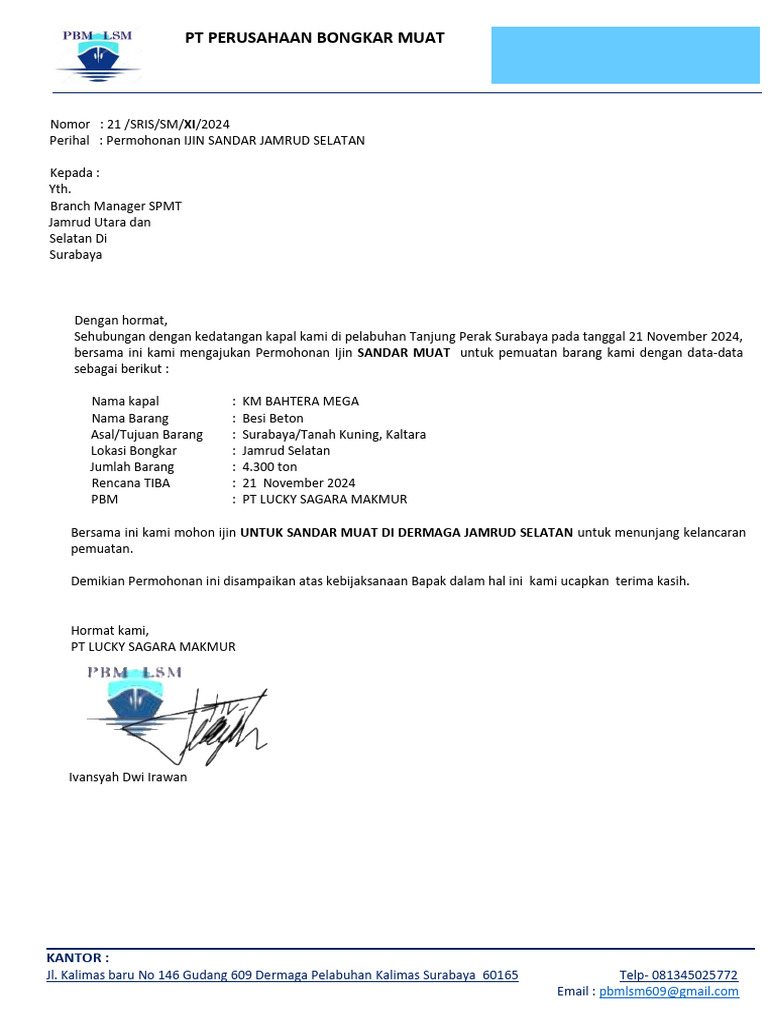 Permohonan Ijin Sandarbmuat KM Bahtera Mega JS | PDF