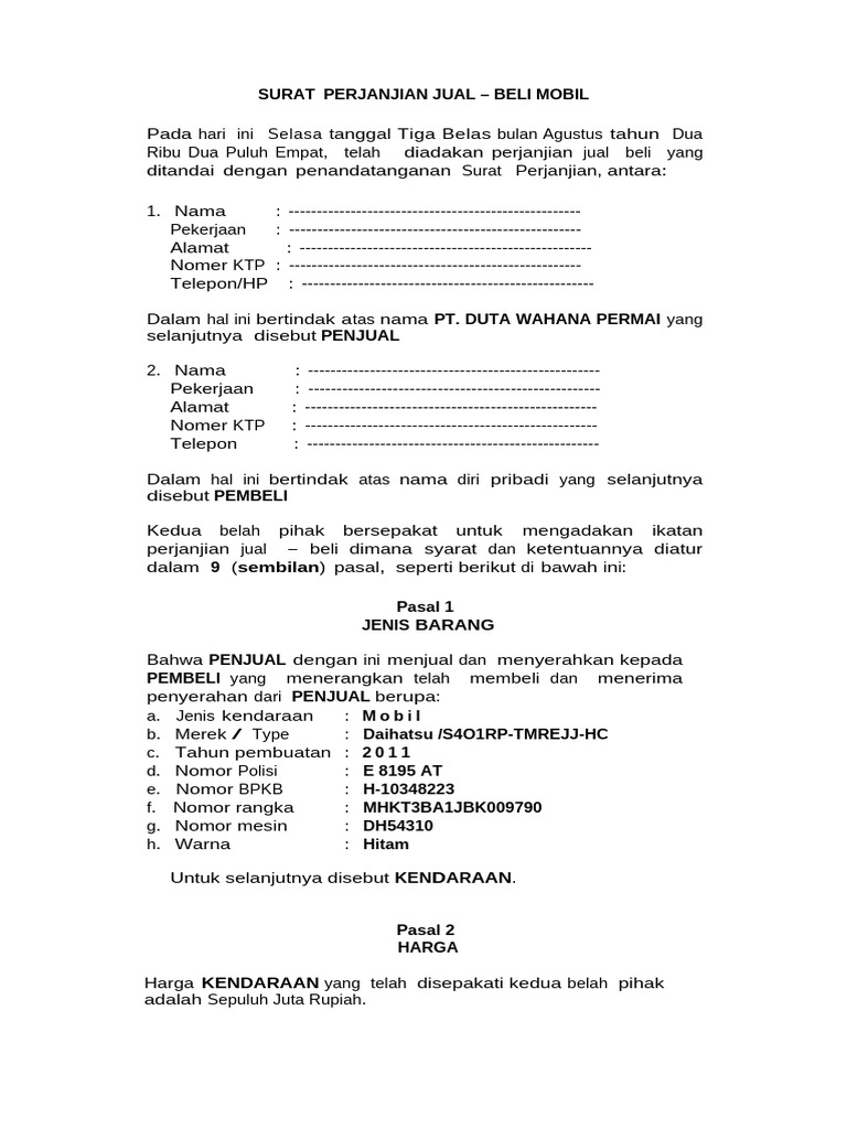 Surat Perjanjian Jual Beli Mobil | PDF