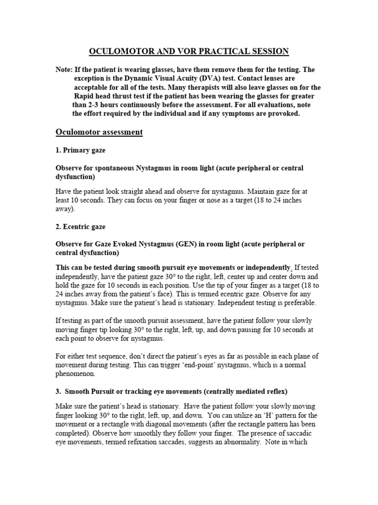 Oculomotor VOR Practical Session | PDF | Vestibular System | Visual Acuity
