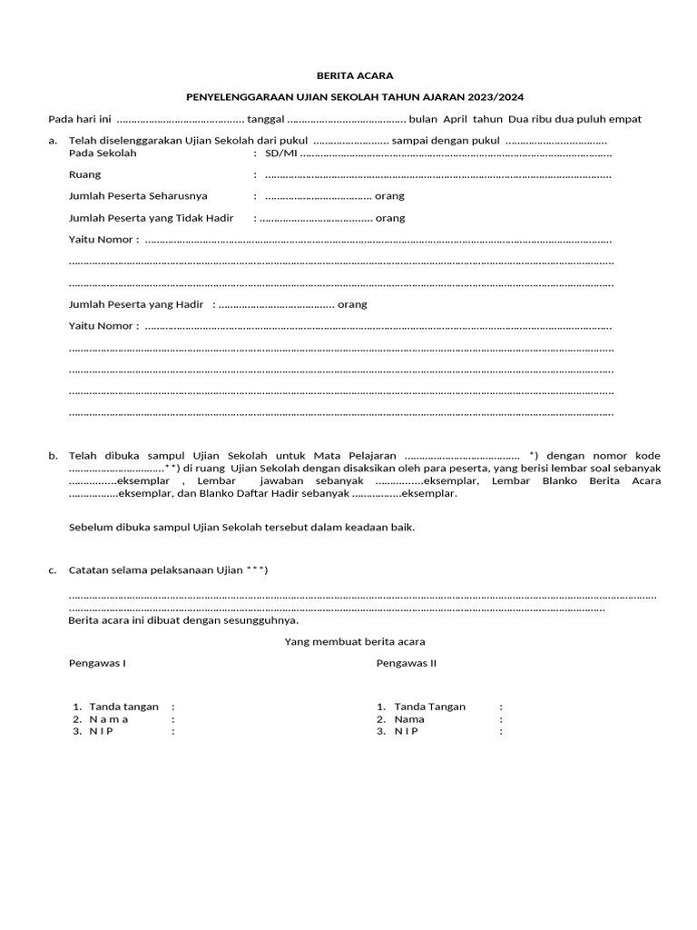 Berita Acara, Daftar Hadir Siswa, Surat Pernyataan | PDF