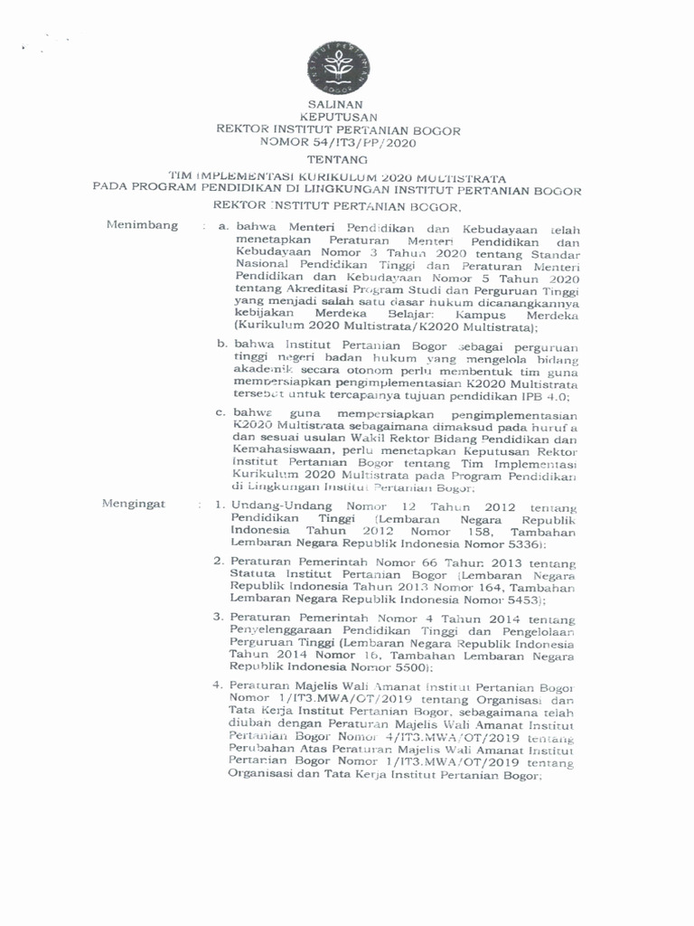 SK Rektor IPB Tentang Tim Implementasi K2020 Multistrata Pada Program Pendidikan Di Lingkungan ...