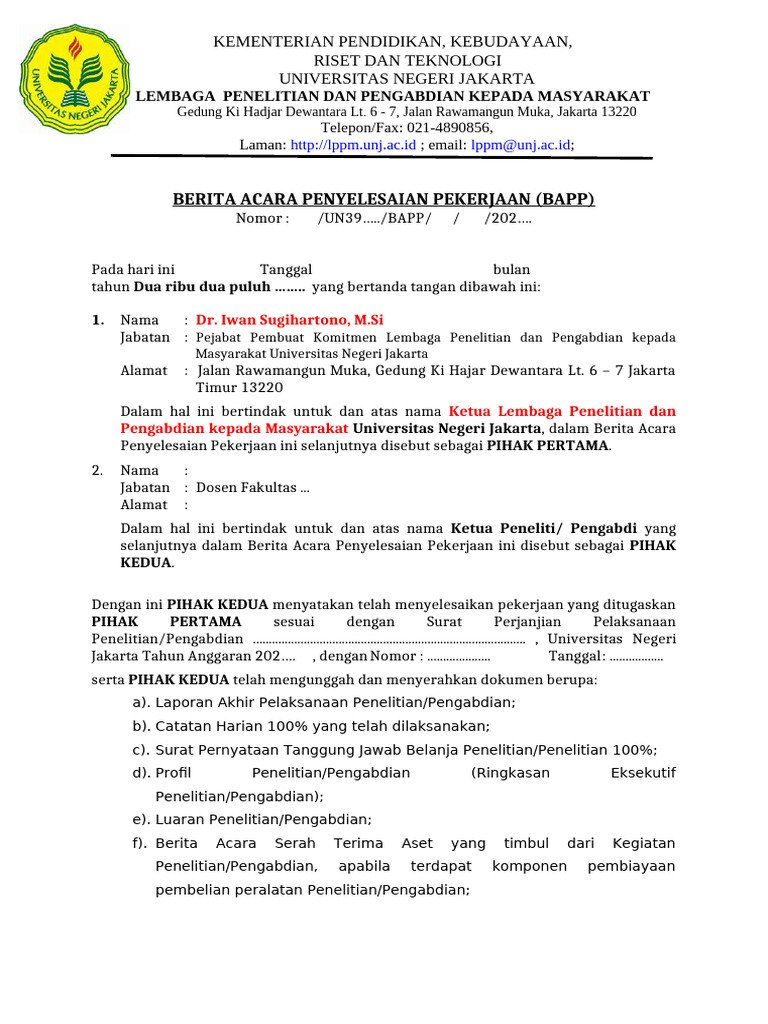 Template Berita Acara Penyelesaian Pekerjaan BAPP | PDF