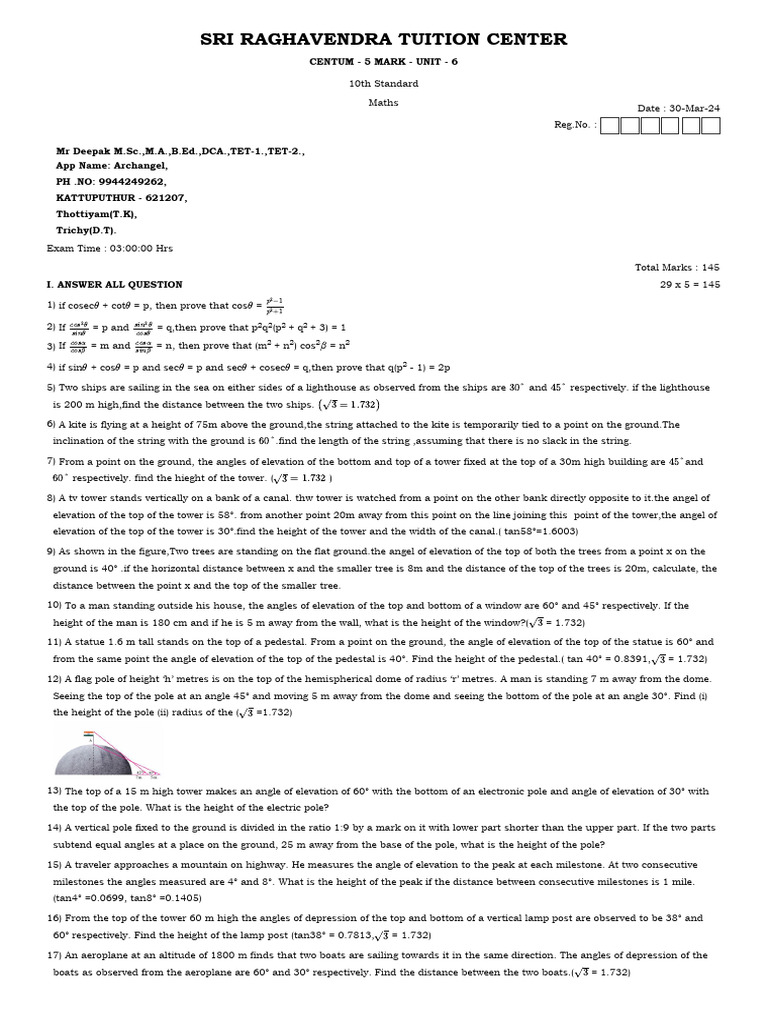 10th Maths Unit 6 Question Paper | PDF | Angle | Height