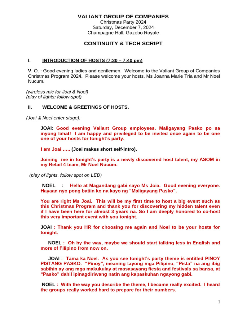 Valiant Group Christmas Party 2024 Script | PDF | Cebu