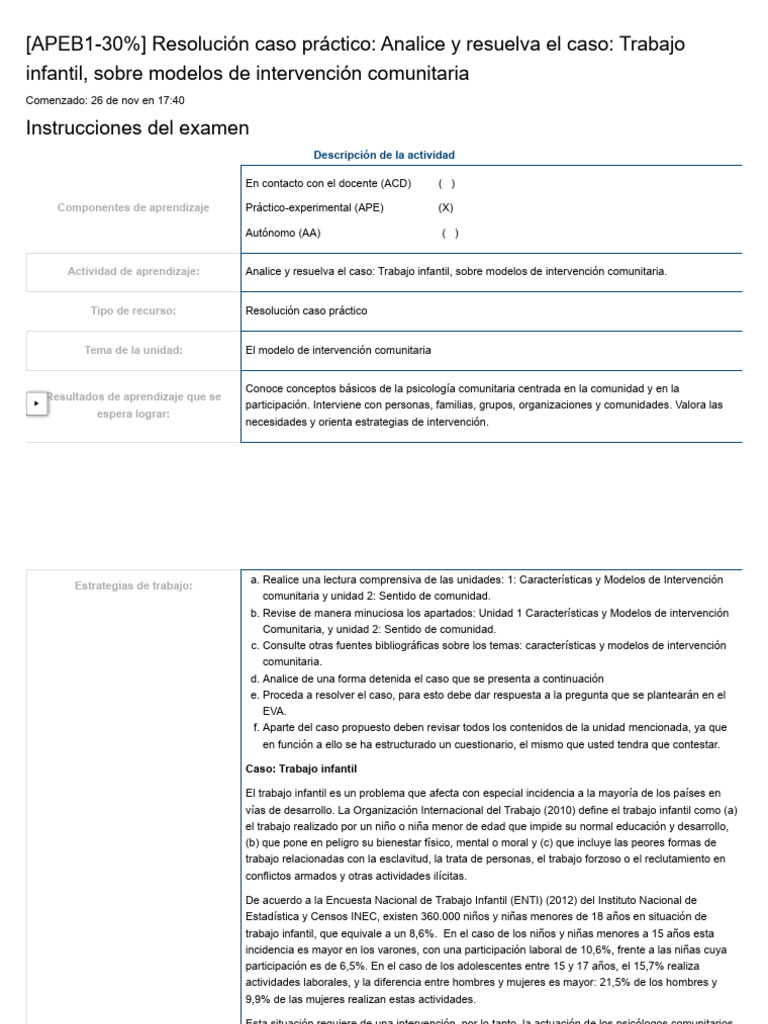 Examen - (APEB1-30%) Resolución Caso Práctico - Analice y Resuelva El Caso - Trabajo Infantil ...