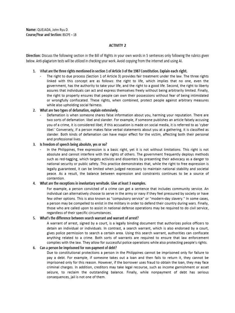 Quejada, John Ryu - Bill of Rights | PDF | Defamation | Debt