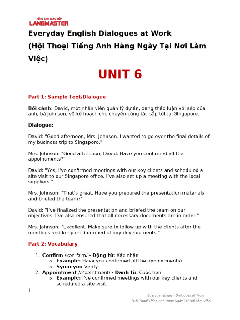 Everyday English Dialogues at Work - UNIT 6 | PDF