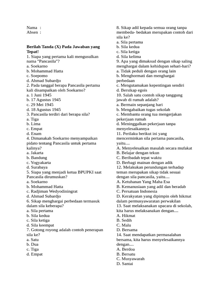 Soal Pendi Pancasila Kelas 5 | PDF