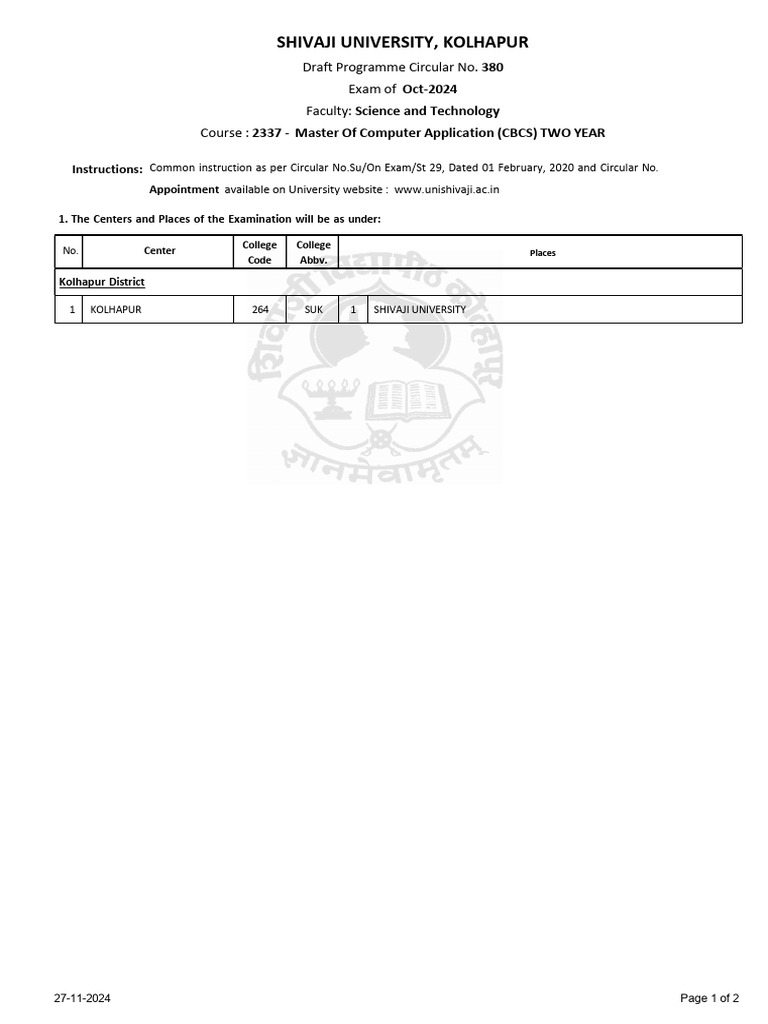 MCA Exam Schedule - Shivaji Univ | PDF | Qualifications