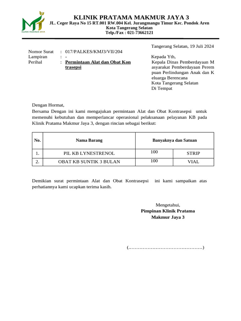 Surat Permintaan Obat & Alat KB | PDF