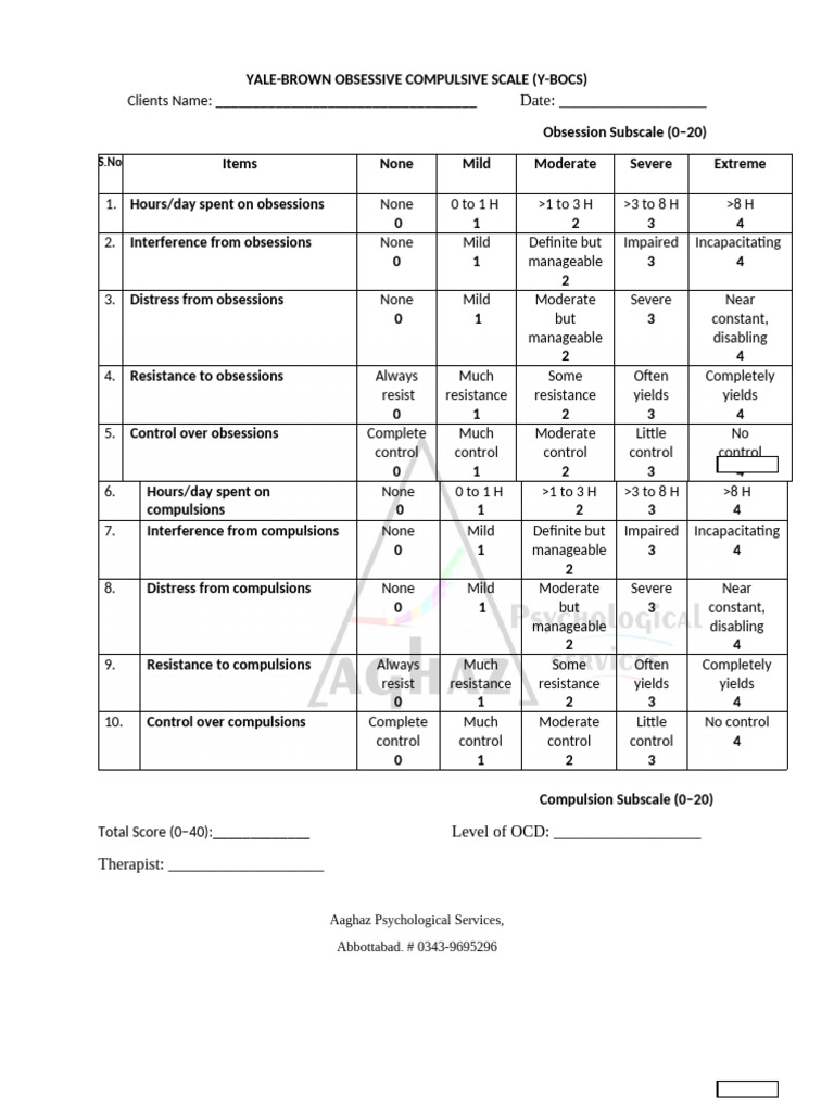 Y-BOCS Assessment Tool | PDF | Obsessive–Compulsive Disorder | Diseases ...