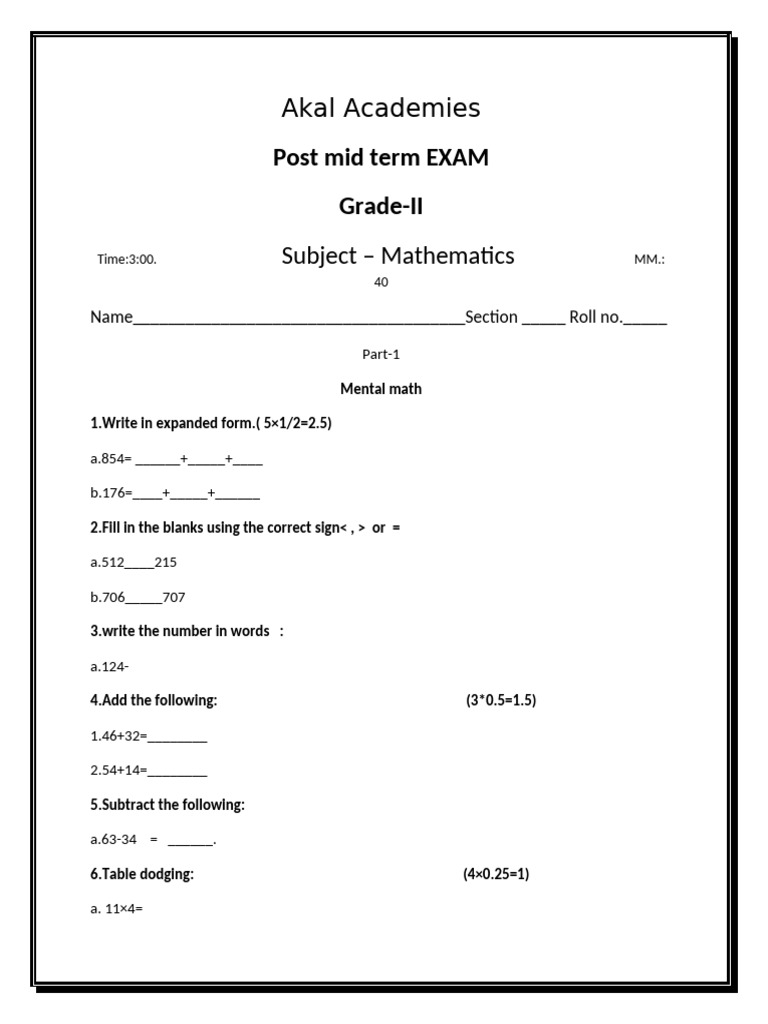 GRADE 2 Math Exam | PDF | Mathematics