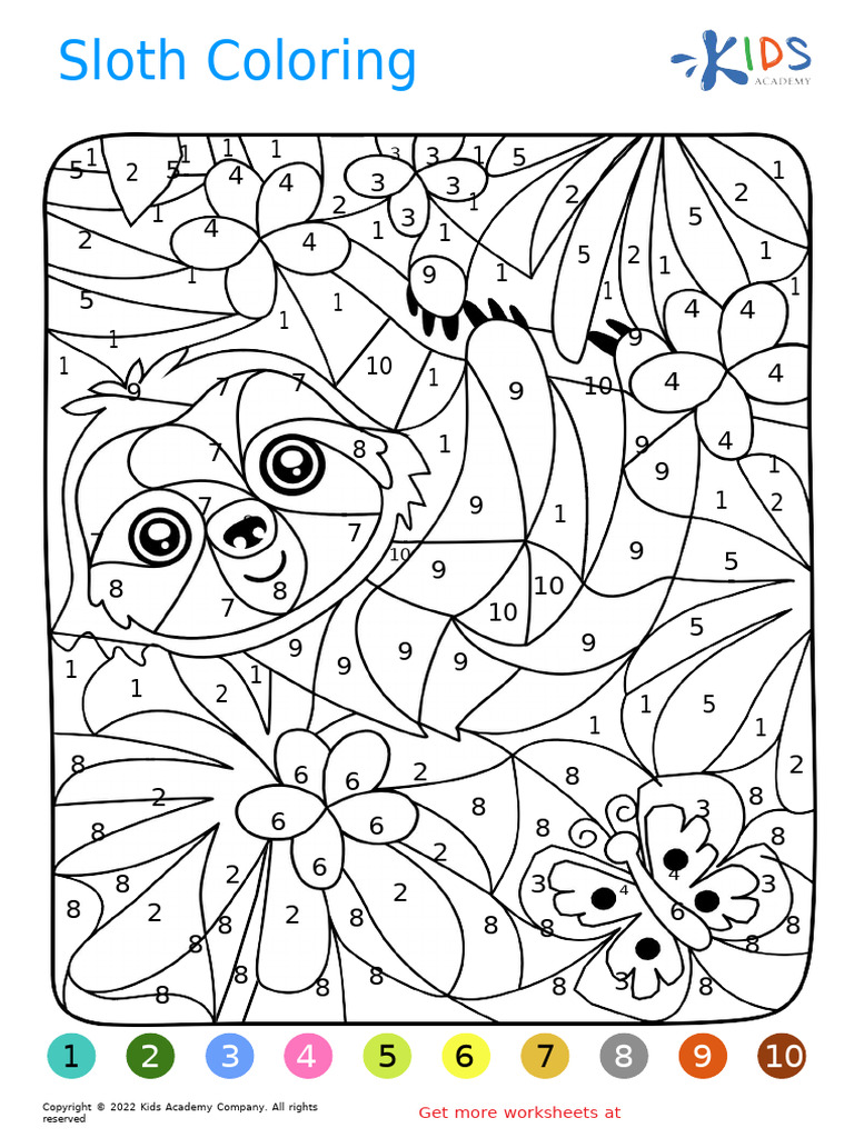 Kindergarten Sloth Coloring by Numbers | PDF