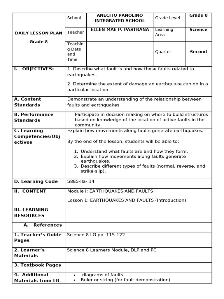 DAILY LESSON PLAN Science 8 | PDF | Earthquakes | Fault (Geology)