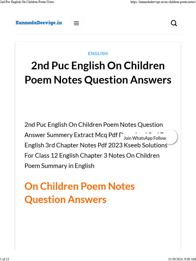 On Children: Class 12 Poem Notes | PDF