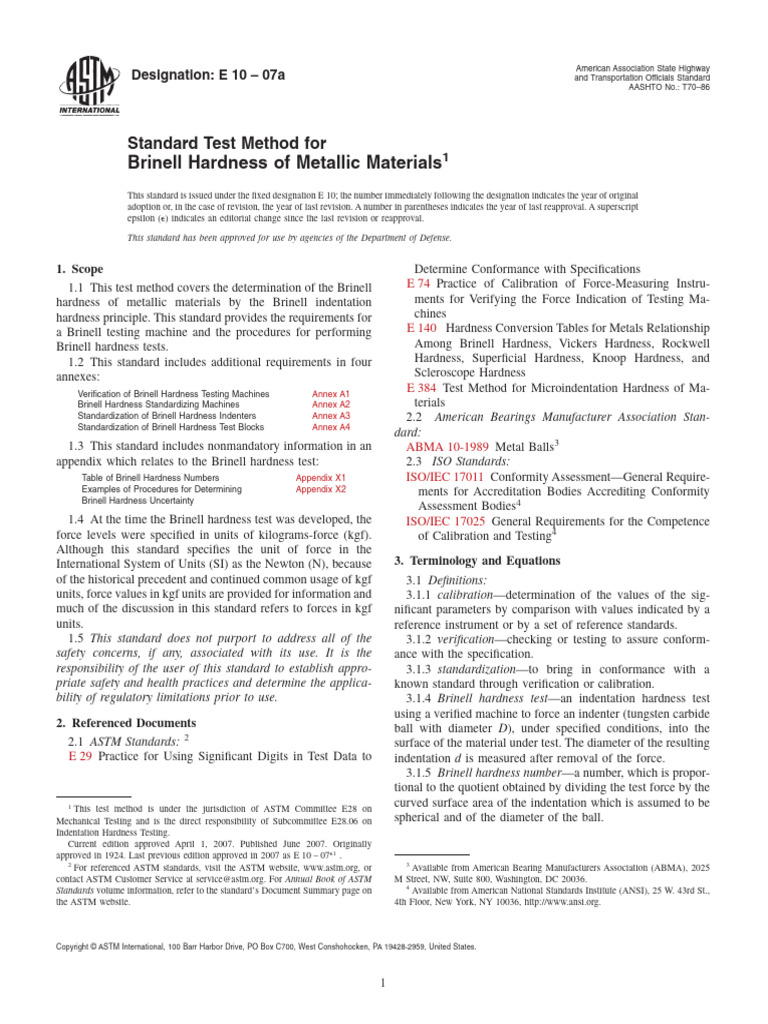 E10 - 07 Brinell Metallic Materials | PDF | Hardness | Verification And ...