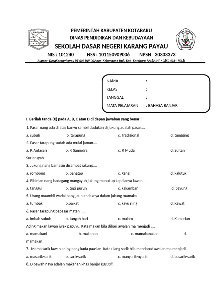 Soal Bahasa Banjar KLS 5 SMT 2 | PDF
