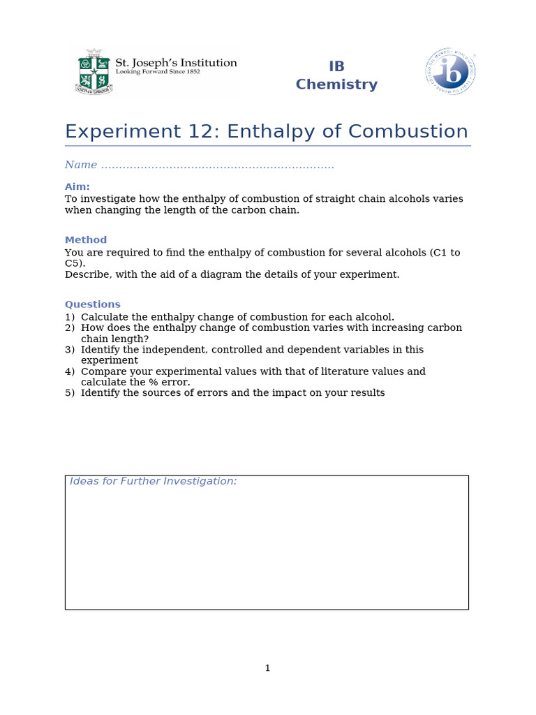 Experiment 12 - Enthalpy of Combustion | PDF