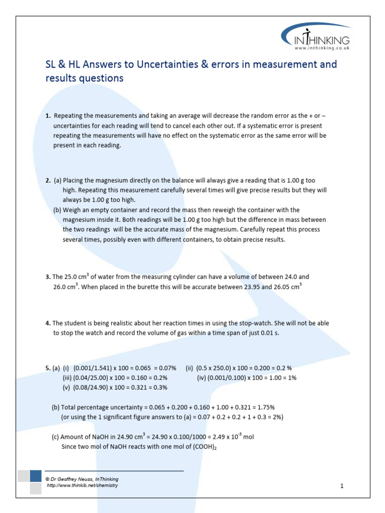 InTh Questions Uncertainties Errors Answers | PDF | Sodium Hydroxide | Observational Error