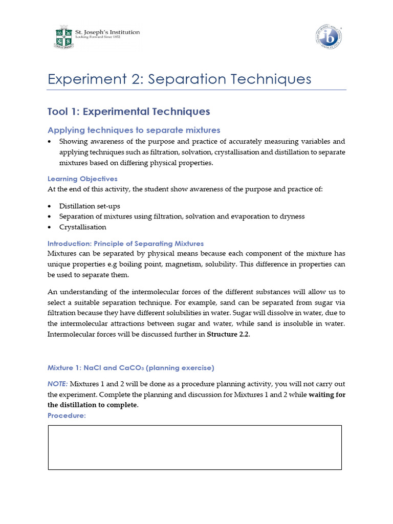 Experiment 2 Separation Techniques - Student | PDF | Distillation | Solubility