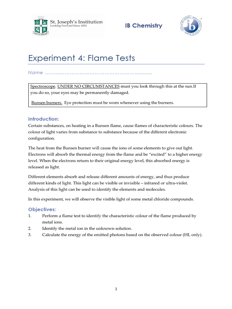 Flame Test Experiment in IB Chemistry | PDF | Emission Spectrum | Light