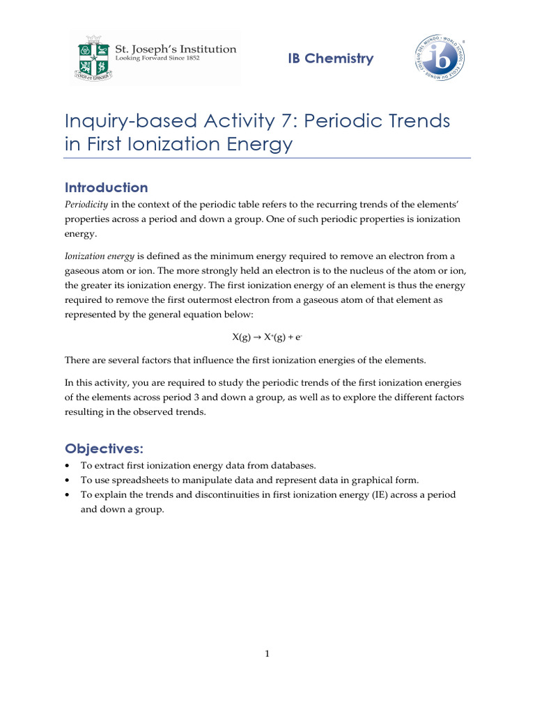 Inquiry-Based Activity 7 - Trend in 1st Ionisation Energy Updated 30 ...