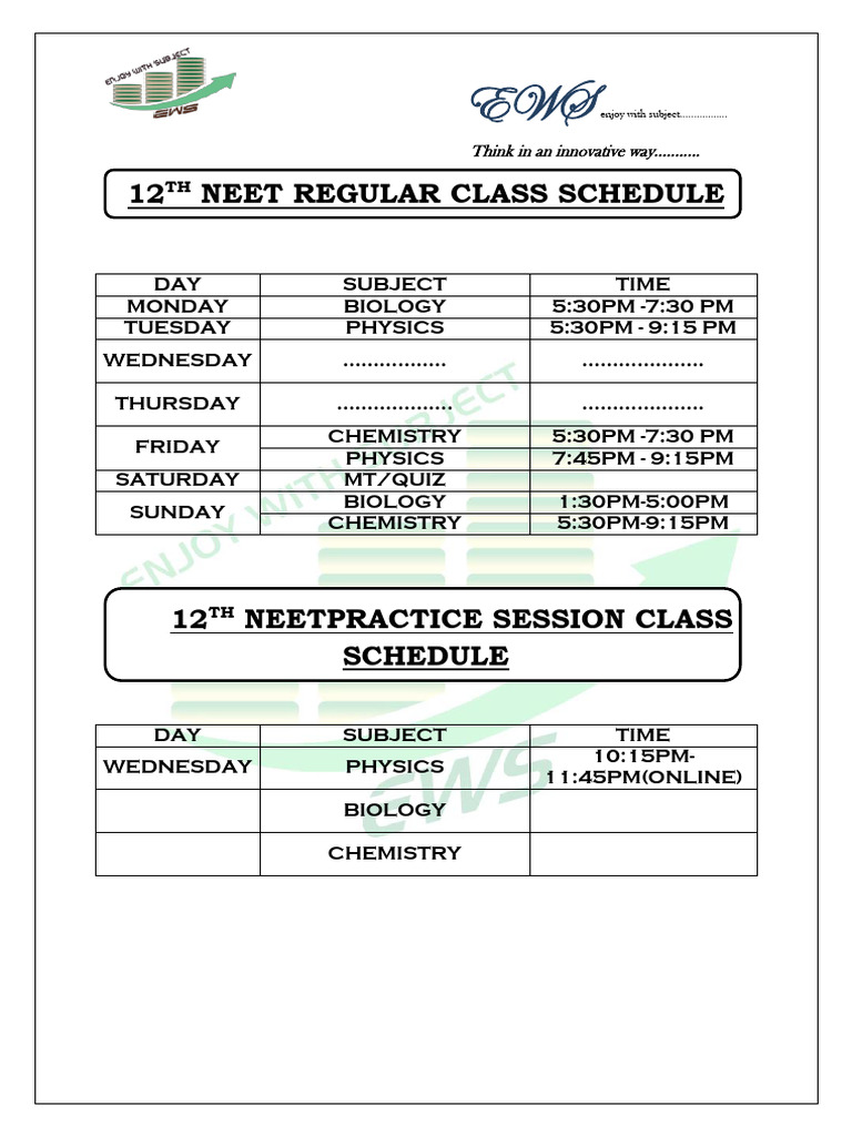 12TH Neet Regular Class Schedule | PDF
