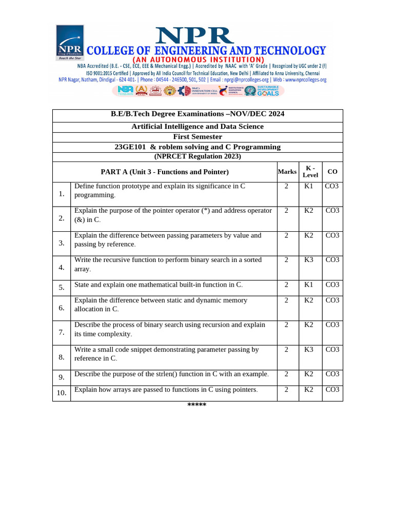 23GE101 C Question Bank II | PDF
