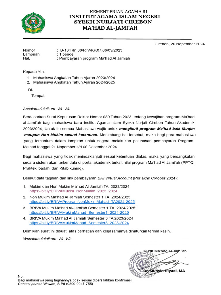 Surat Himbauan Pelunasan Pembayaran Program Ma'had Nop. 2024 | PDF