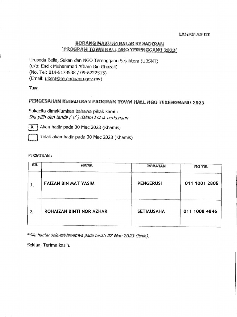 Surat Jemputan Townhall Ngo Terengganu 2023 - Ngo Umum | PDF