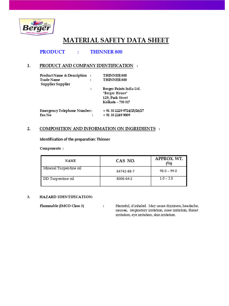 Thinner 800 Safety Data Sheet | PDF | Water | Personal Protective Equipment