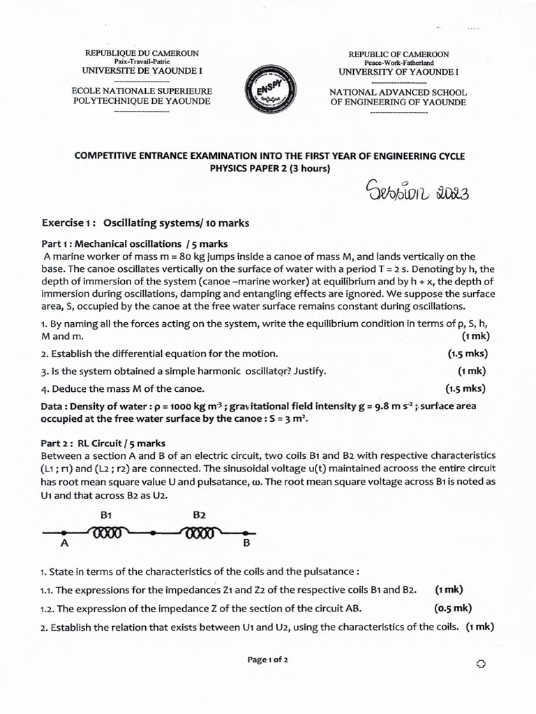 Ing ST1 Phys2 en ENSPY 2023 | PDF | Electronvolt | Oscillation