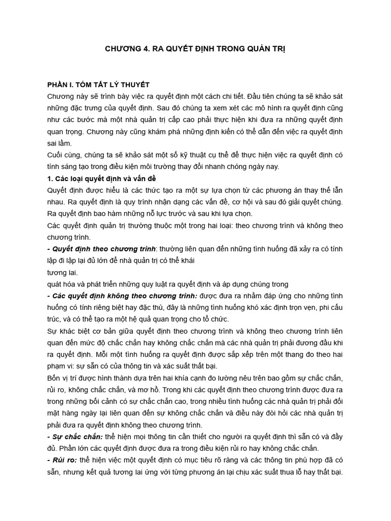 Tóm tắt QTH - Chương 4 - RA QUYẾT ĐỊNH TRONG QUẢN TRỊ | PDF