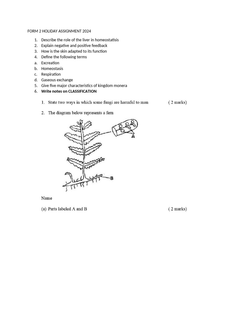 Biology Form 2 Holiday Assignment 2024 | PDF